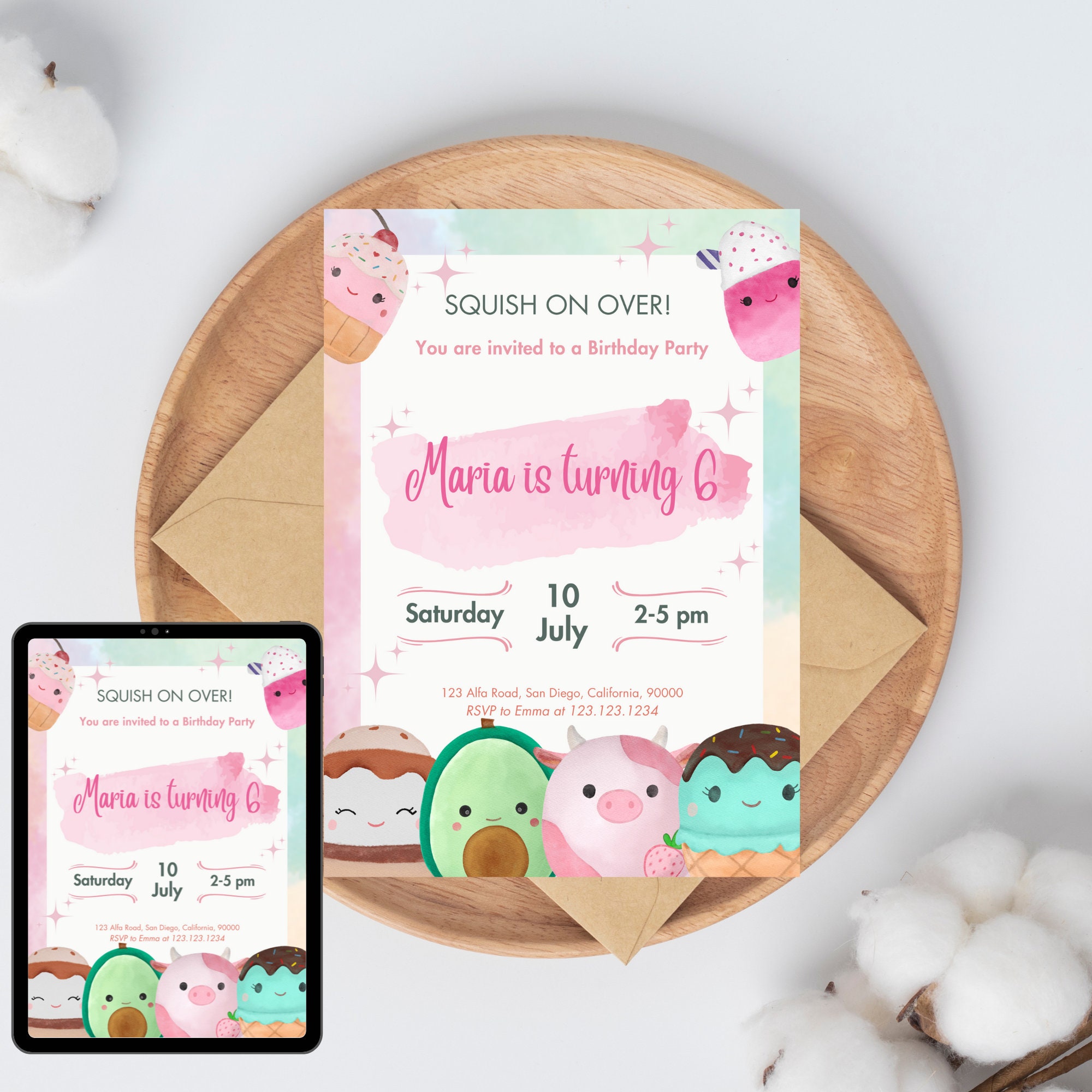 Cute Squishmallow Themed Birthday Invitation, Personalized Birthday ...