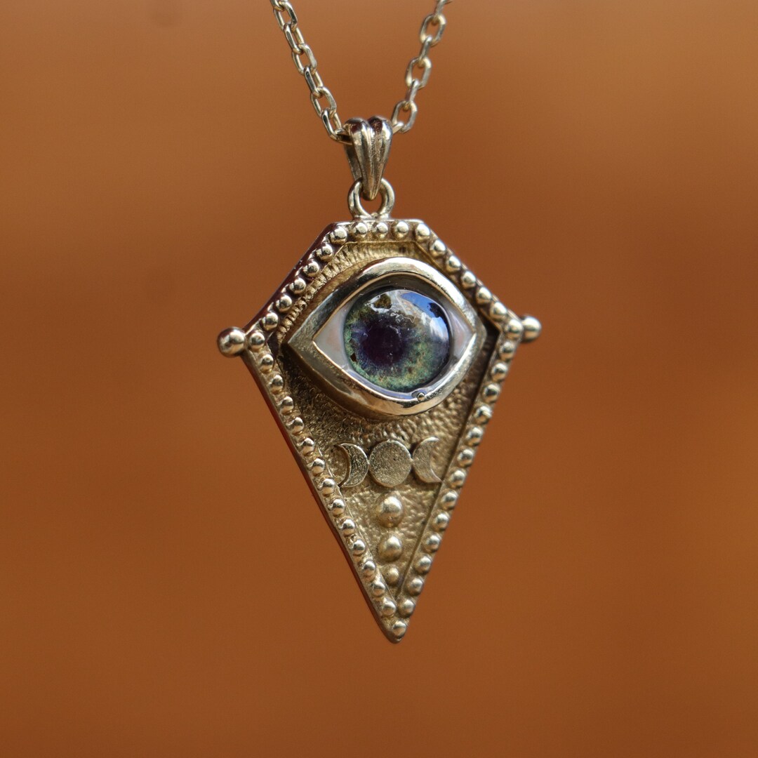 Evil Eye Coffin Pendant, Green Iris, Triple Moon Necklace, Handmade ...