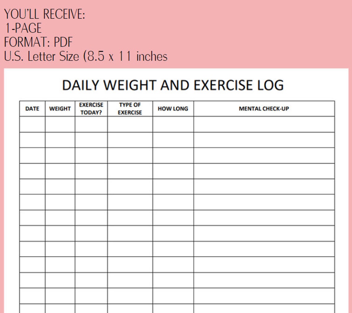 Digital Print Exercise Log Weight Tracking Log - Etsy