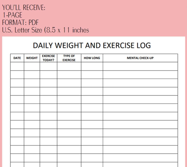 Digital Print Exercise Log Weight Tracking Log - Etsy