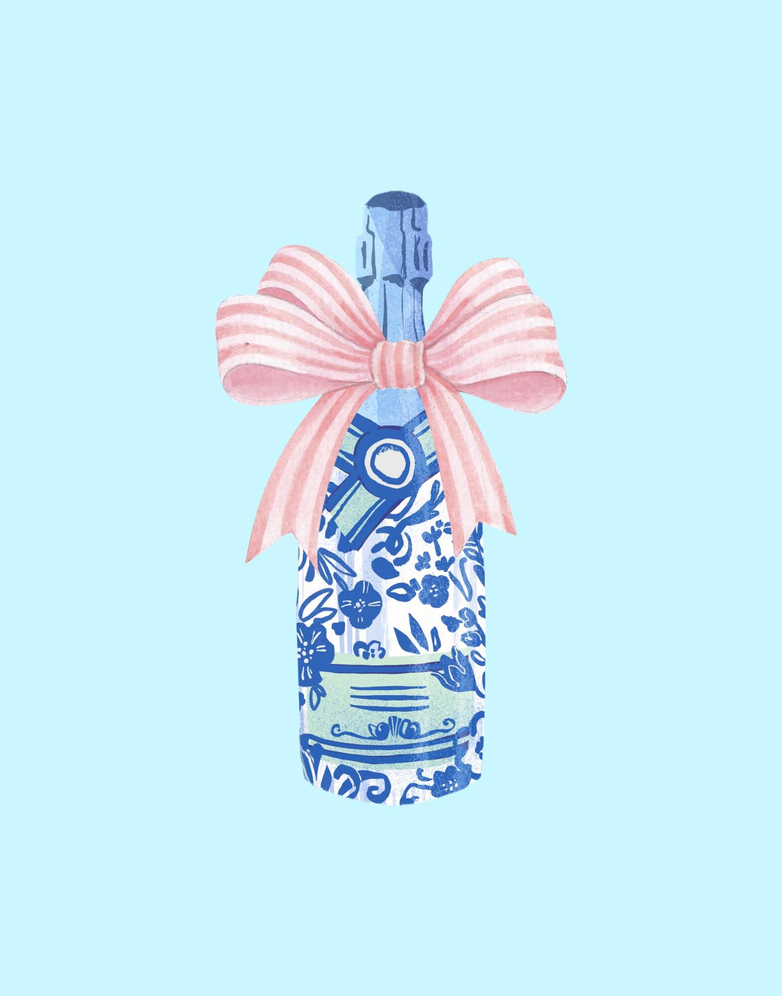 Blue Floral Champagne Bottle With Pink Bow - Etsy