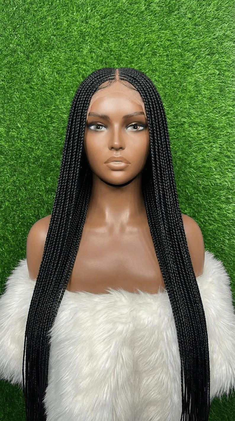 Knotless Box Braids Wig, Extra Long Jet Black Synthetic Lace Front ...
