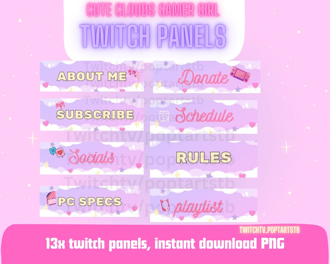 Cute Twitch Panels, Gamer Girl, Purple Pink Clouds, 13x Twitch Panels ...