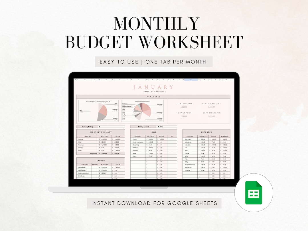 Simple Monthly Budget Worksheet (pink) - Etsy