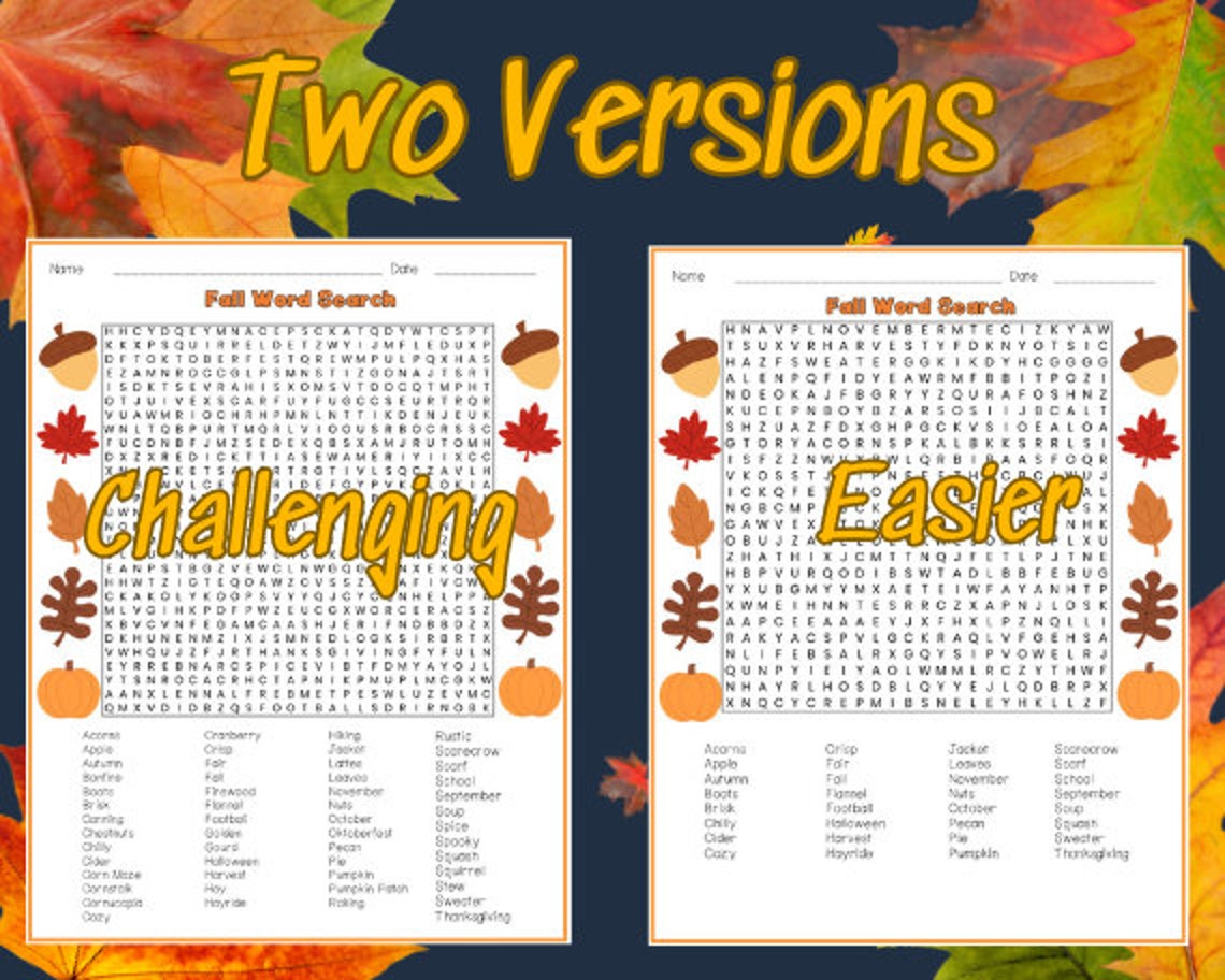 Fall Word Search Printable Fall Activity Fall Party Game Fall ...