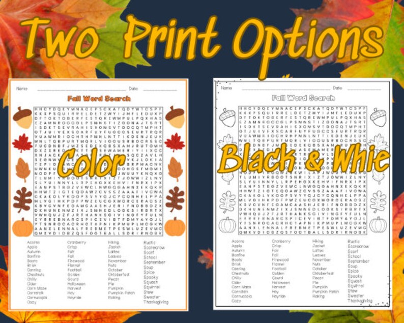 Fall Word Search Printable Fall Activity Fall Party Game Fall ...