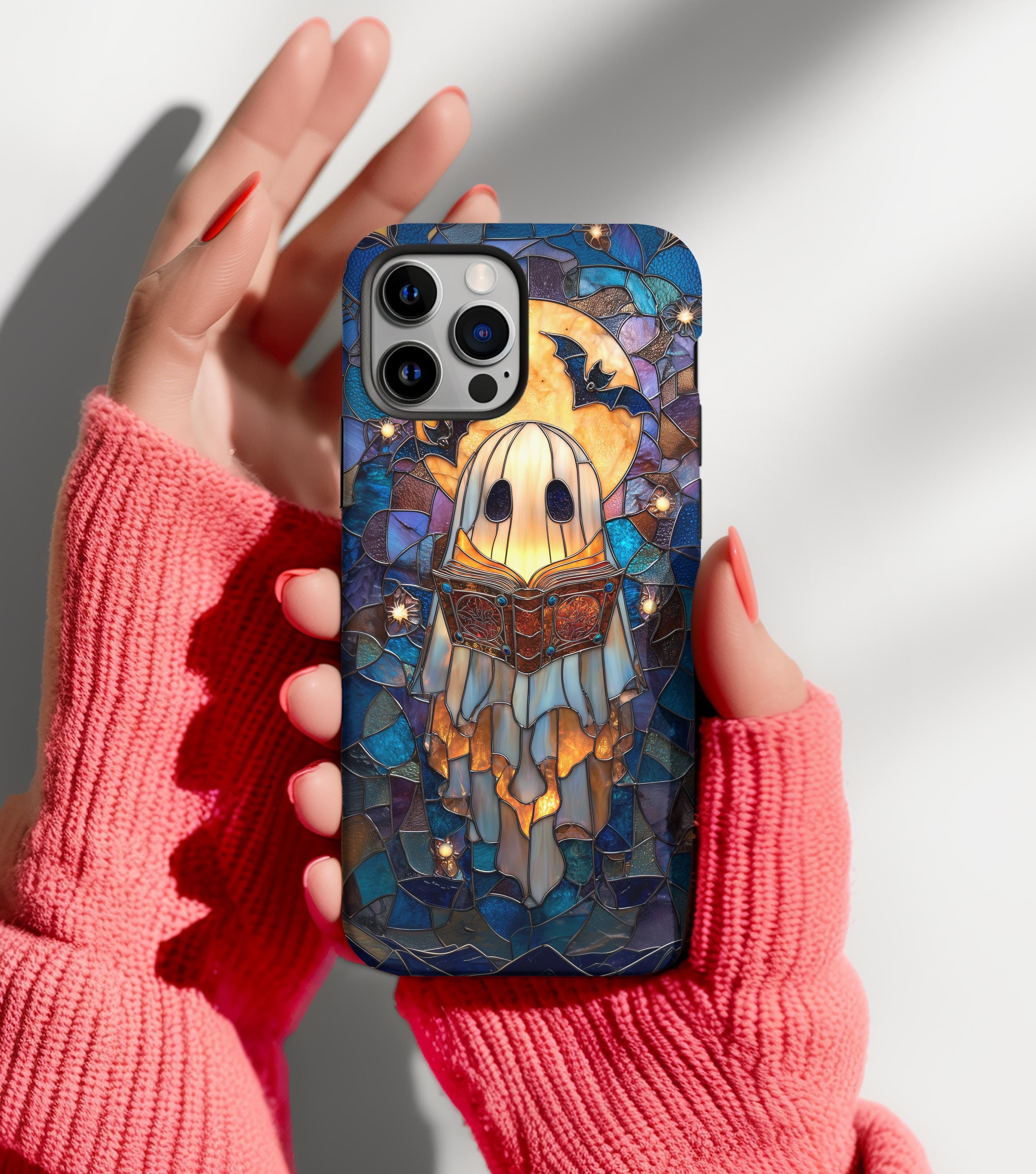 Faux Stained Glass Ghost Phone Case – Halloween Ghost Reading Book ...