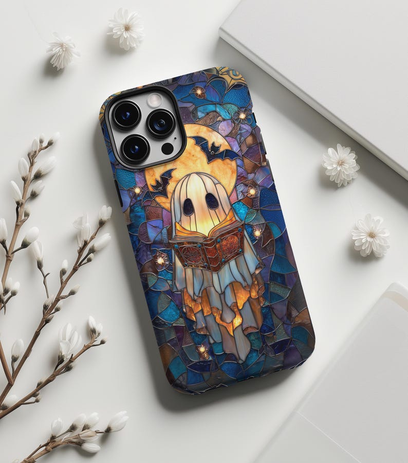 Faux Stained Glass Ghost Phone Case – Halloween Ghost Reading Book ...