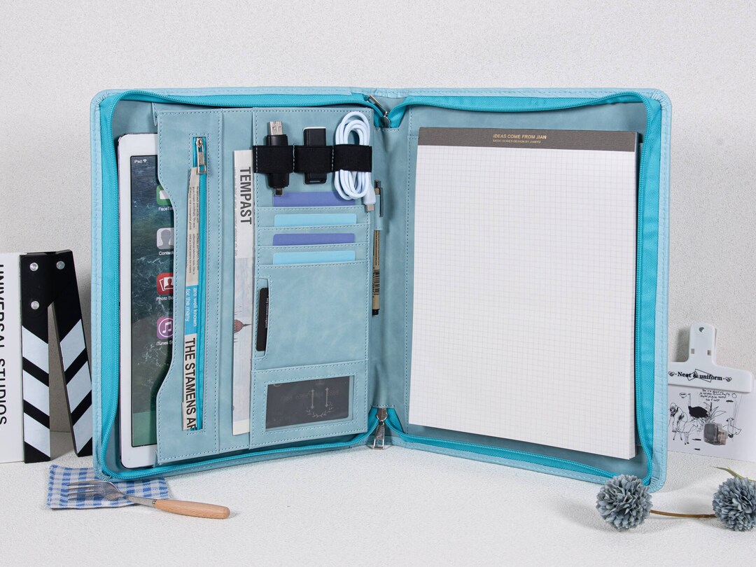 Personalized Light Blue Leather Portfolio With Zipper,a4 Document ...