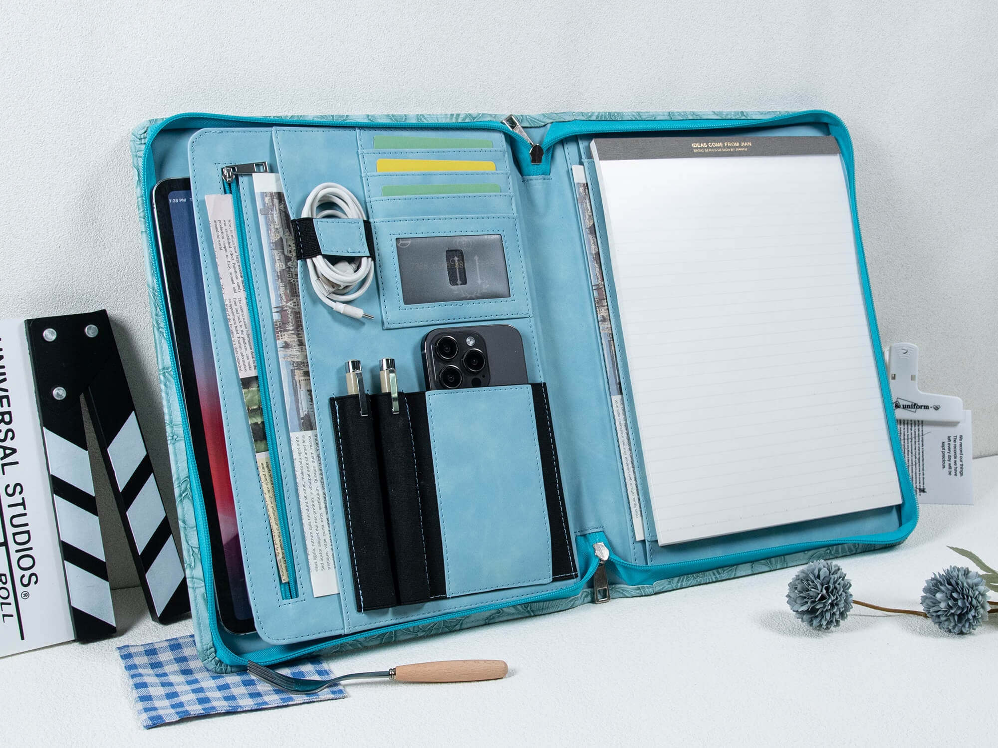 Embossed Baby Blue Leather Portfolio With Zipper,a4 Monogrammed ...