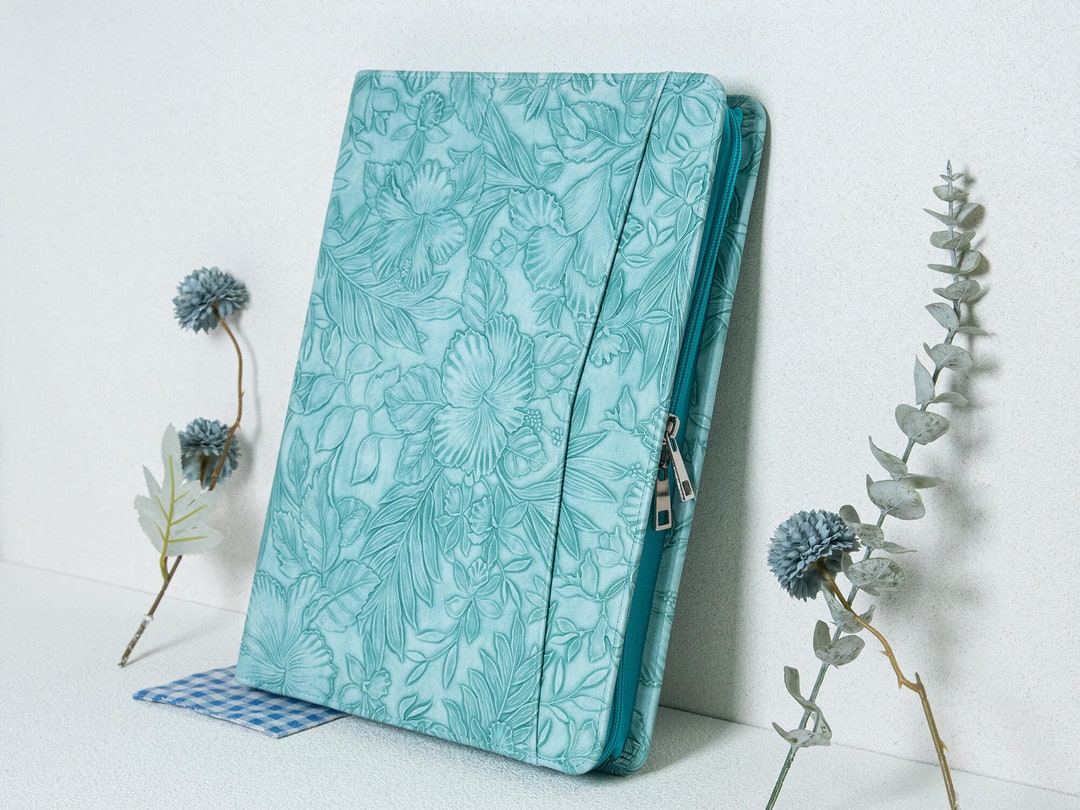 Embossed Baby Blue Leather Portfolio With Zipper,a4 Monogrammed ...