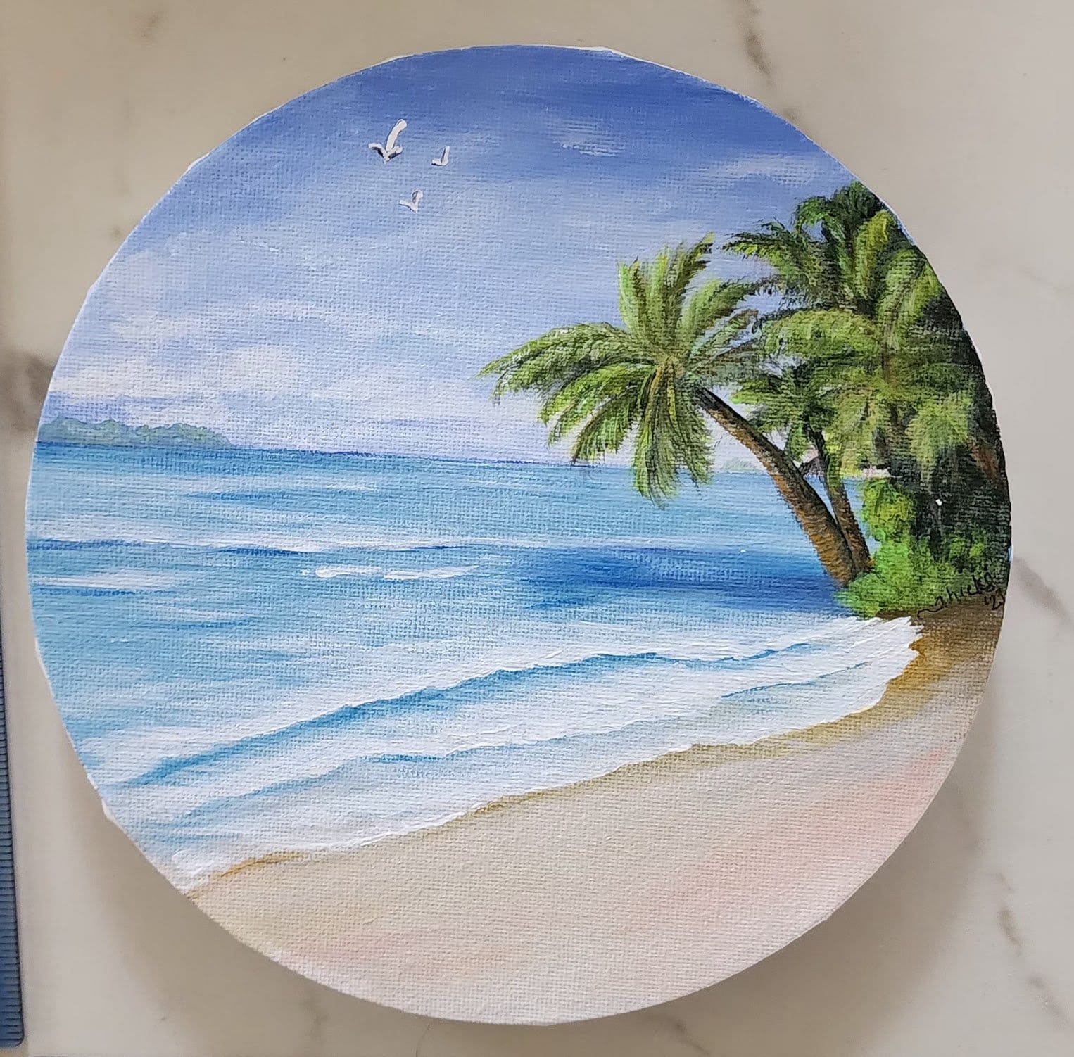 Tropical Beach Acrylic Painting on an 8 Inch Round Circle. Painting is ...