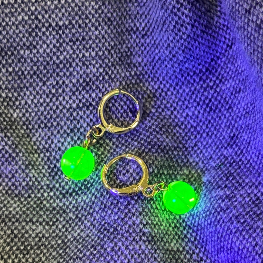 Uranium Glass Glowing Stainless Steel Earrings With Round Beads - Gold ...