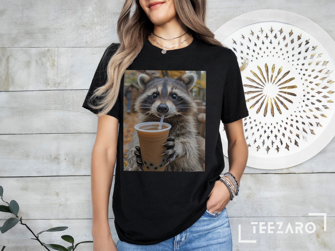 Funny Raccoon Drinking Boba T-shirt, Cute Bubble Tea Meme Shirt ...