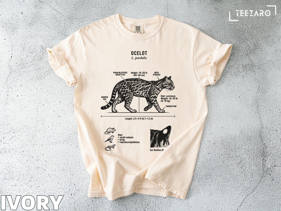 Ocelot T-shirt: Comfort Colors, Detailed Illustration, Wildcat Design ...