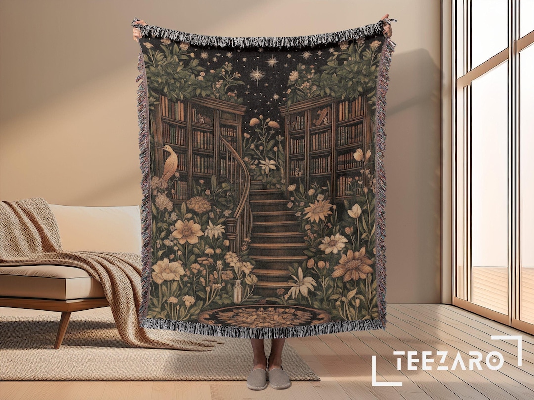 Enchanted Garden Library Tapestry Throw Blanket, Floral Book Design - Etsy