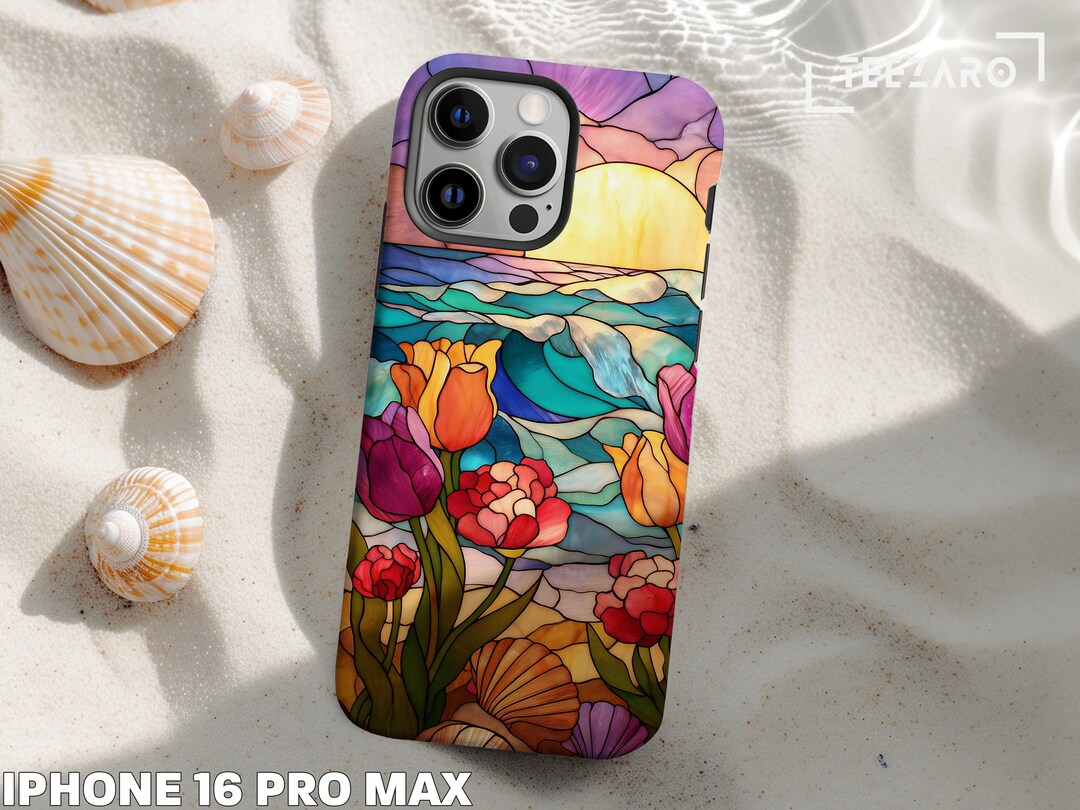 Stained Glass Sunset Ocean Phone Case: Beach Floral Art - Etsy