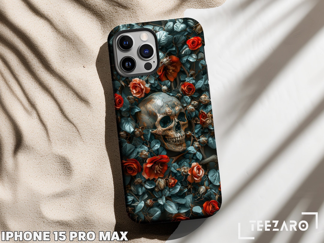 Skull Floral iPhone 15 14 13 Pro Max Tough Case, Gothic Roses Galaxy ...