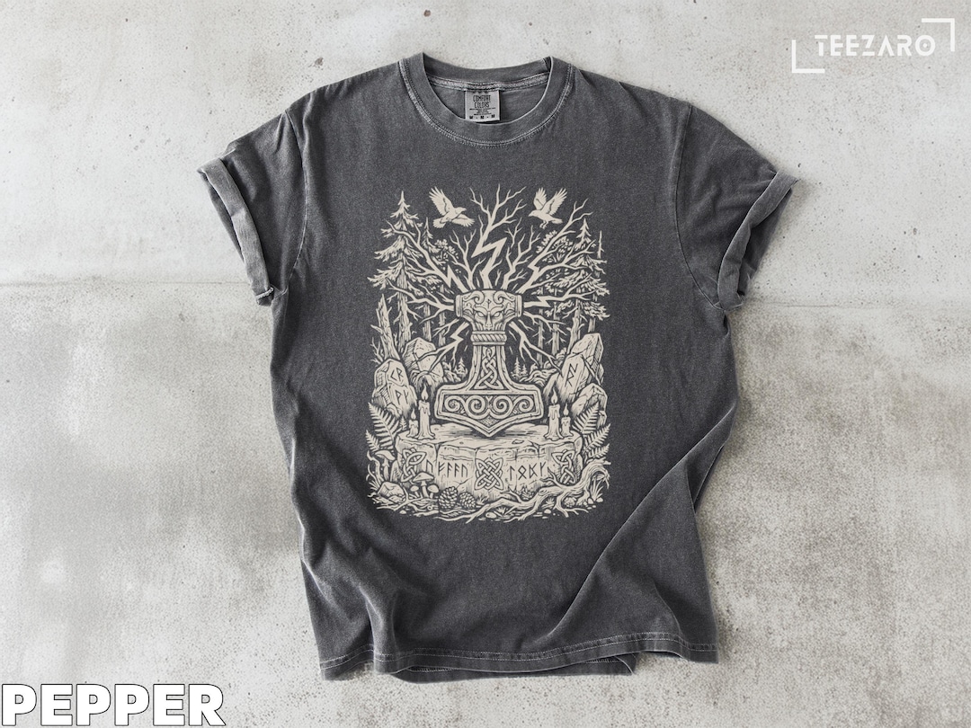 Viking Thor Hammer T-shirt, Mjolnir Norse Mythology Tee, Pagan Forest ...