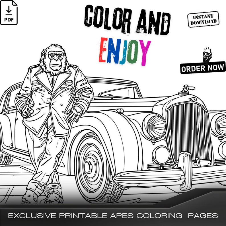Coloring Book for Adults, 23 Printable Animal Coloring Pages, Ape ...