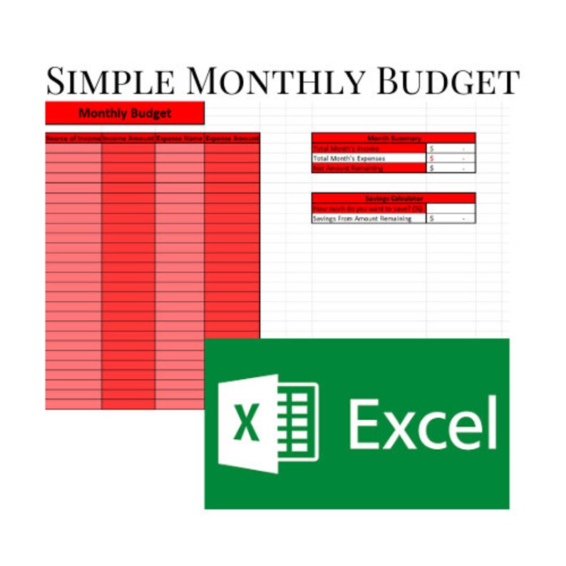 EXCEL Simple Monthly Budget Planner red - Etsy