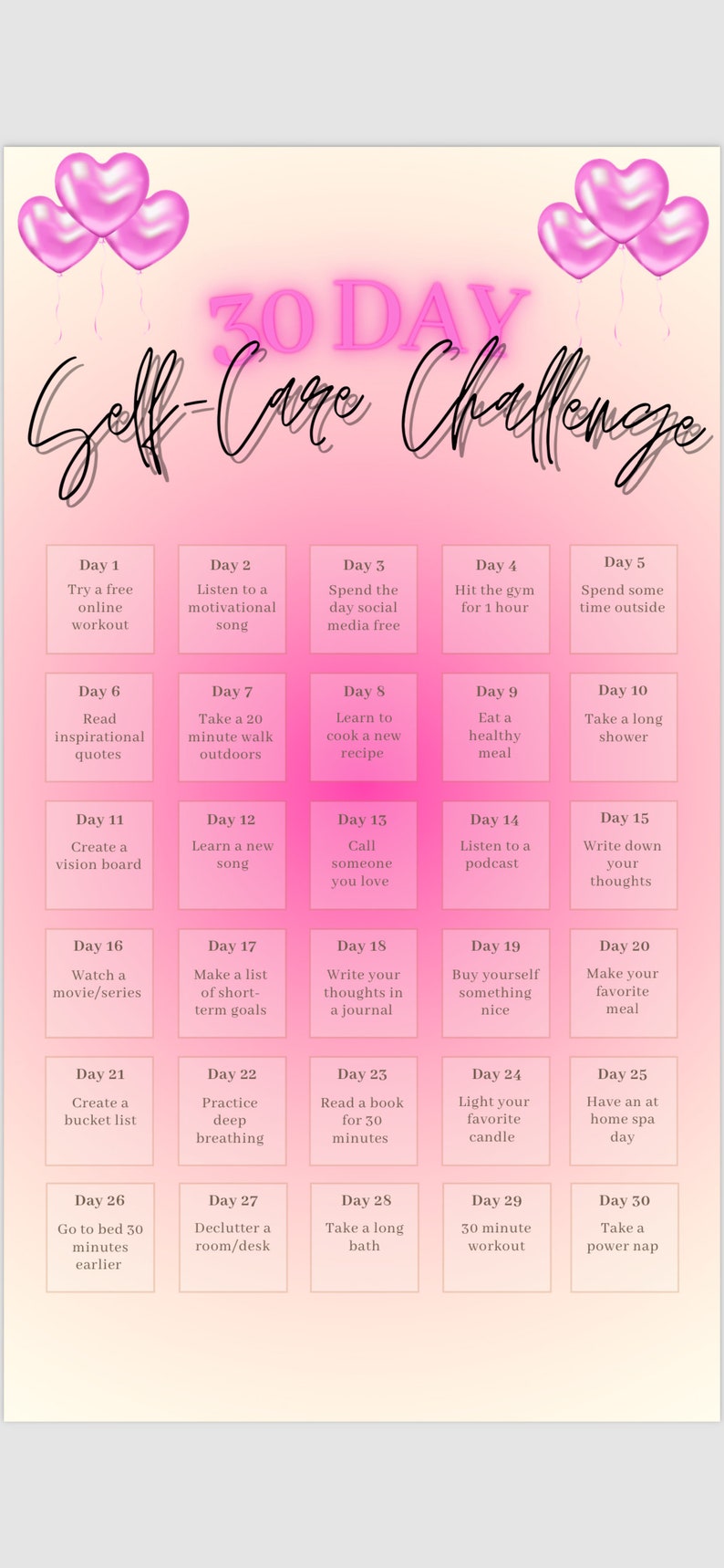 30 Day Self- Care Challenge|printable Planner - Etsy