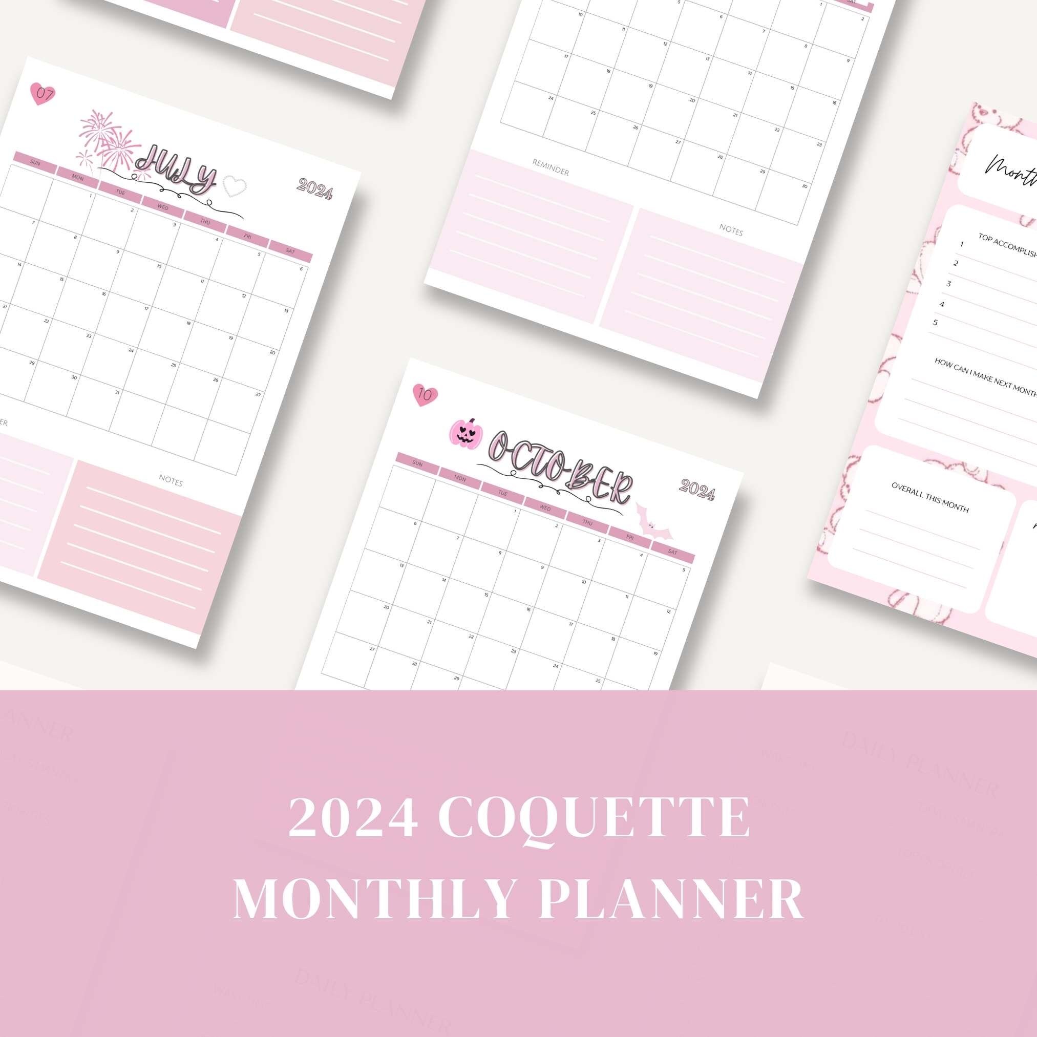 2024 Coquette Pink Monthly Planner Digital Planner Cute Monthly Planner ...