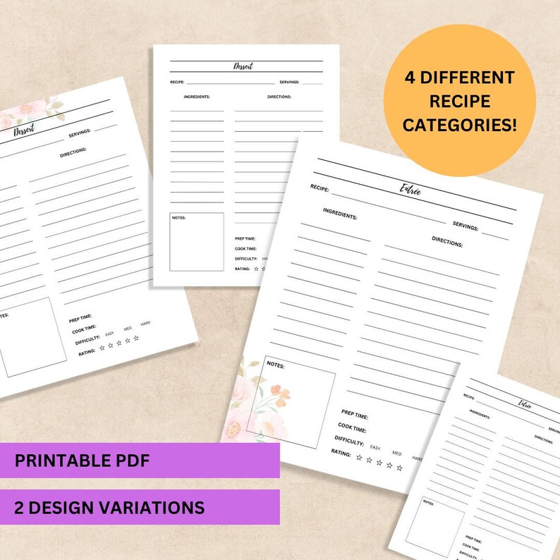 Printable Recipe Template | Minimal Recipe Template - Etsy