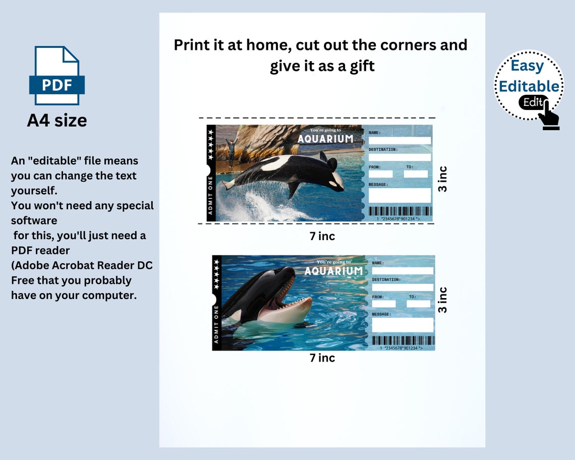 Aquarium Surprise Ticket Template - Editable Orca Theme, Printable ...