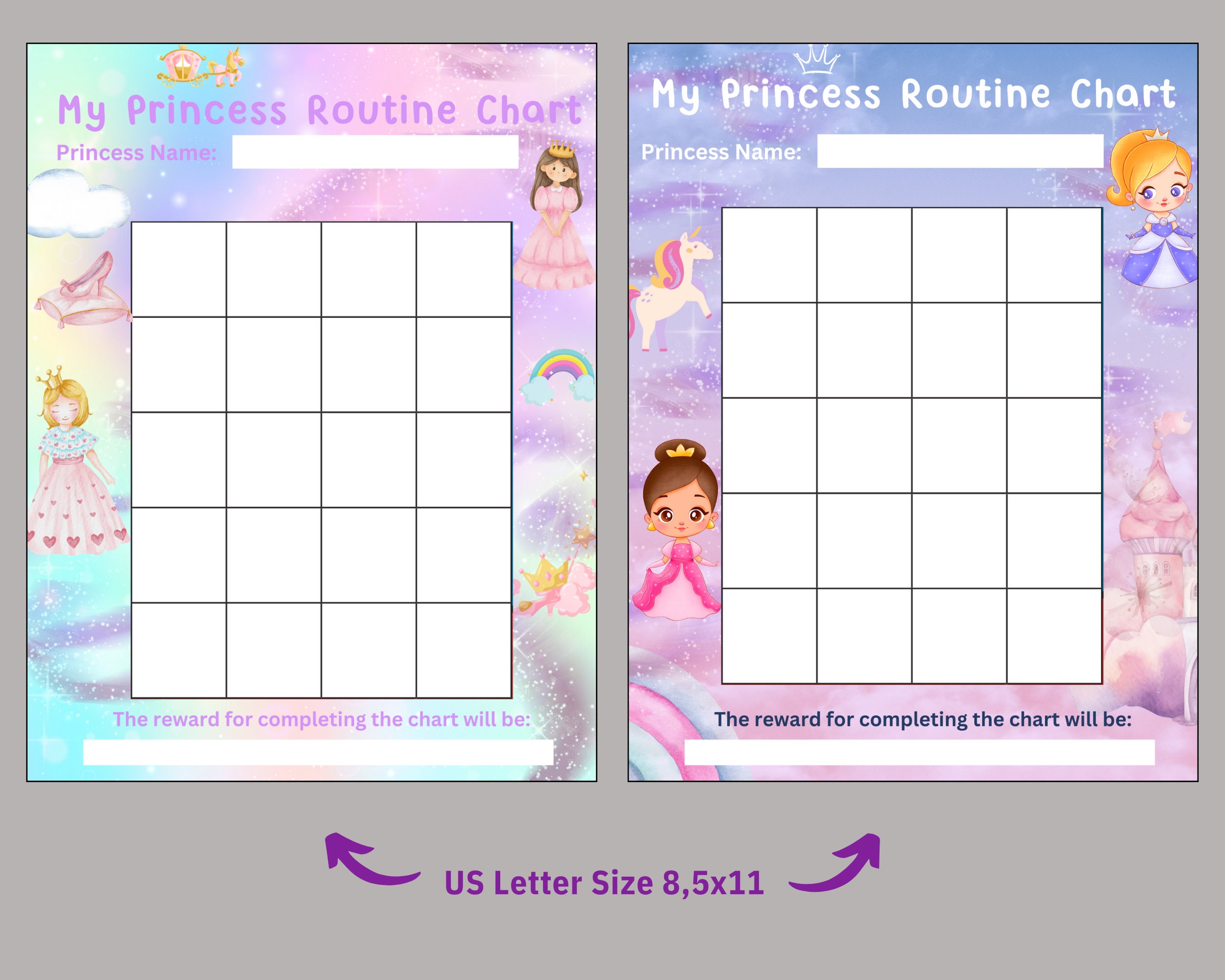 Princess Kids Reward Chart, Printable Kids Activites Chart, Rainbow ...