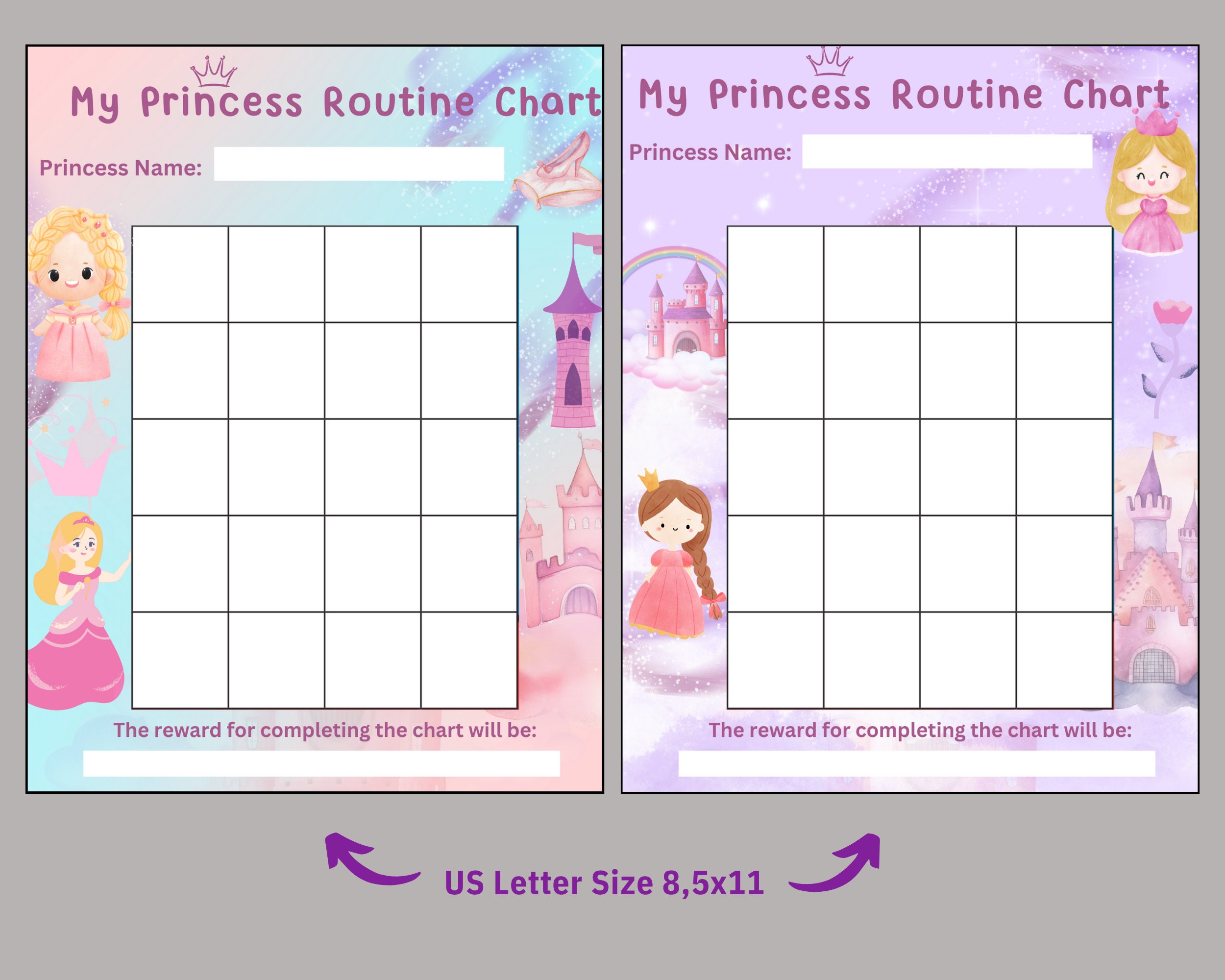 Princess Kids Reward Chart, Printable Kids Activites Chart, Rainbow ...