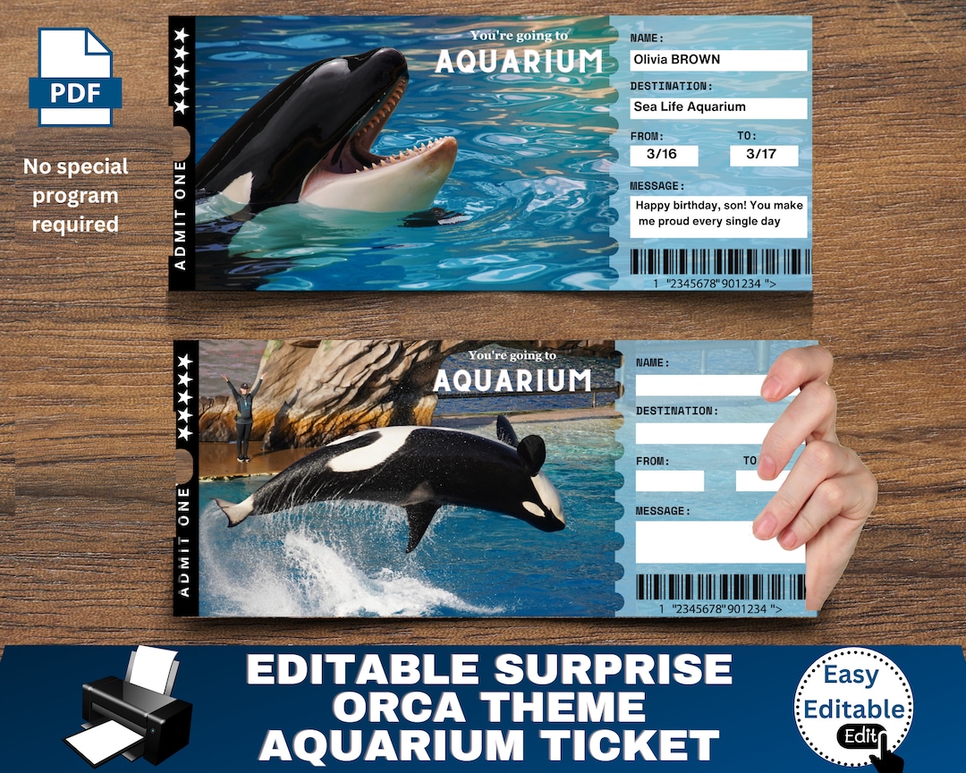 Aquarium Surprise Ticket Template - Editable Orca Theme, Printable ...