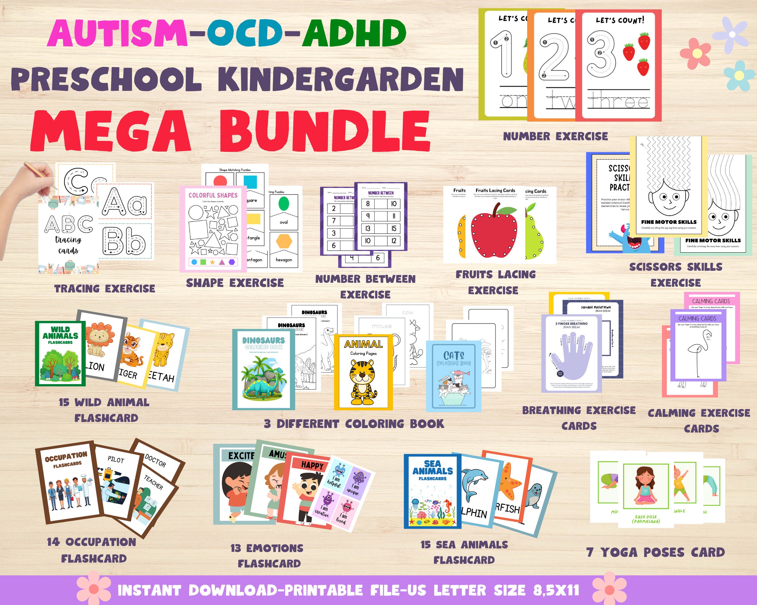 Autism/adhd Friendly Printable Flashcard Bundle Printable Worksheet Set ...