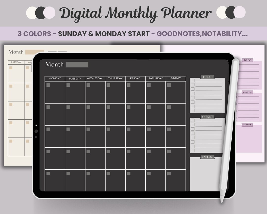 Monthly Planner Goodnotes Template, Dark Mode Monthly Planner Page ...