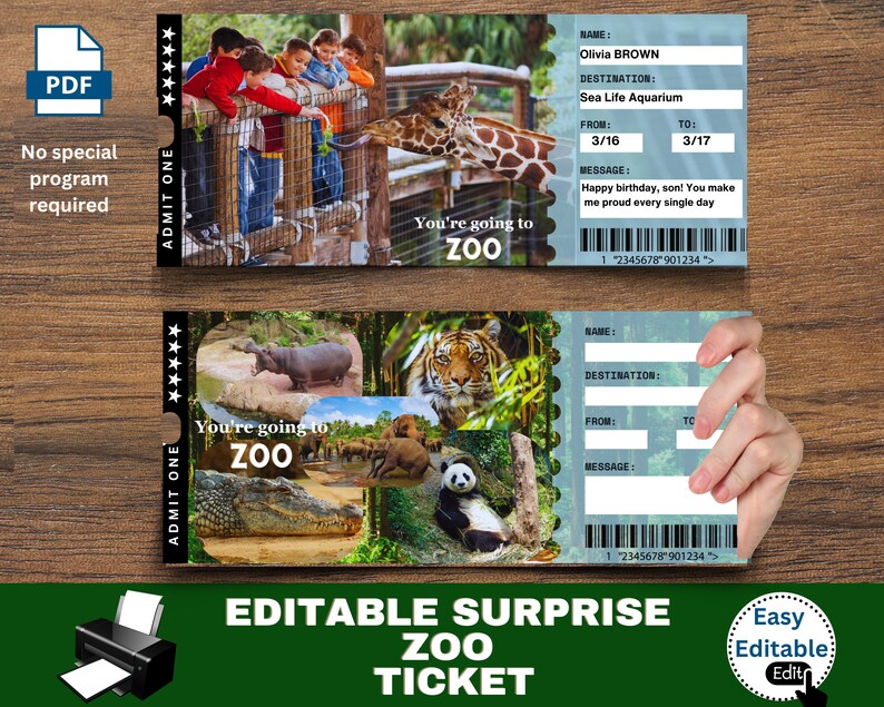 Editable Safari Zoo Ticket Template Personalized Animal Adventure Pass ...