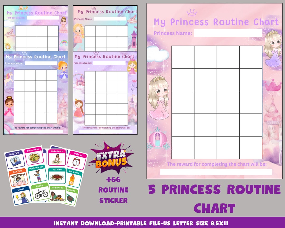 Princess Kids Reward Chart, Printable Kids Activites Chart, Rainbow ...