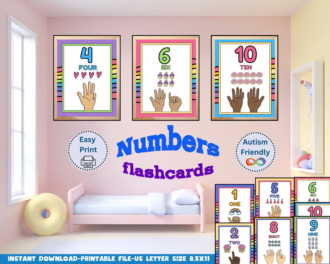 Numbers Flashcard Set - Colorful Rainbow Printable Wall Art for Kids ...