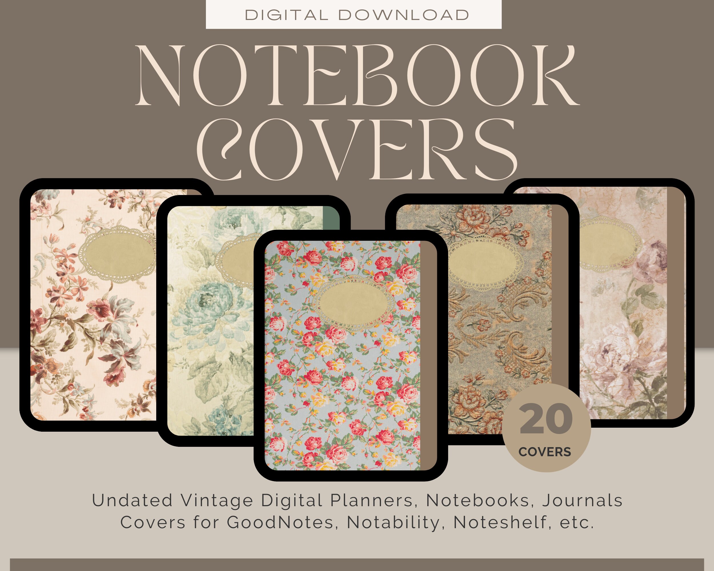 Vintage Flowers Notebook Cover, Boho Digital Notebook Cover With ...