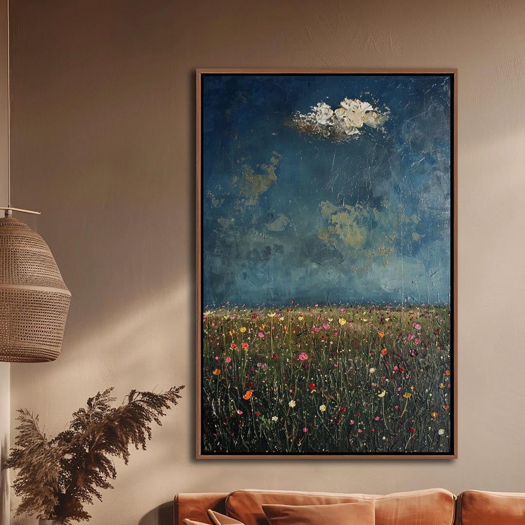 Wildflowers Field Framed Wall Art, Rustic Dark Blue Sky & Flowers Wall ...