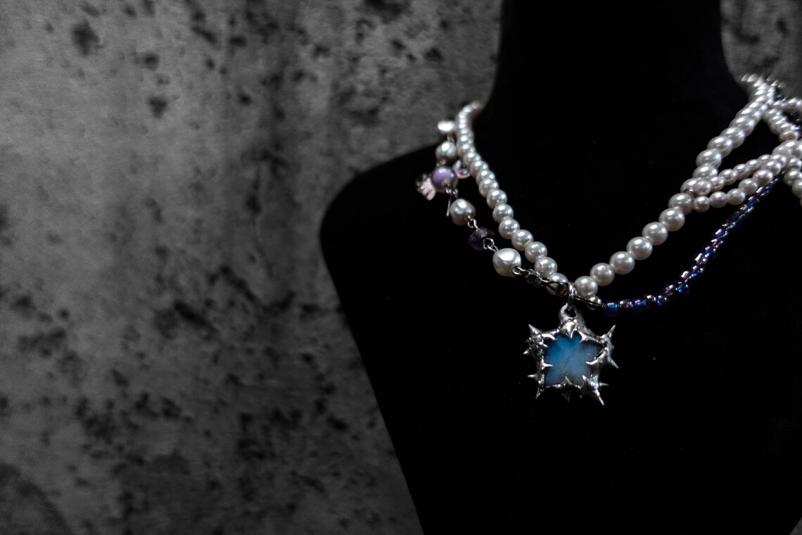 Beaded Necklace With Spiky Star Moonstone Pendant, Choker With Pearl ...