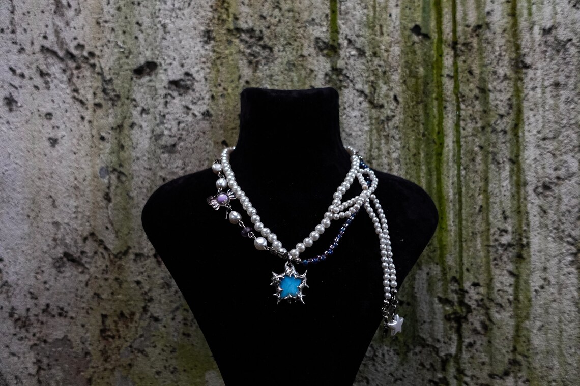 Beaded Necklace With Spiky Star Moonstone Pendant, Choker With Pearl ...