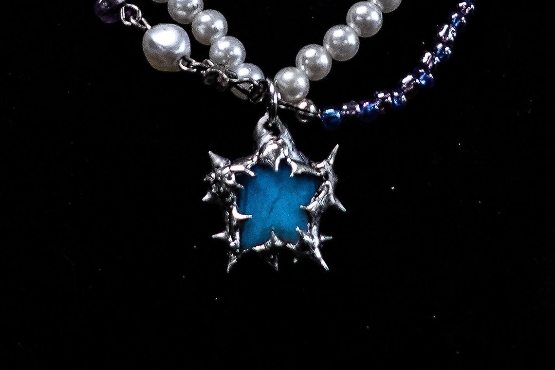 Beaded Necklace With Spiky Star Moonstone Pendant, Choker With Pearl ...