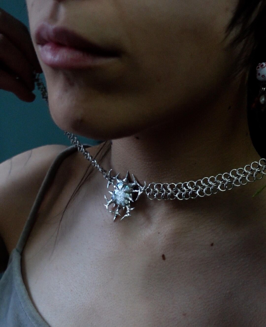 Chainmail Choker With Spiky Freshwater Pearl Pendant, Alt Jewelry ...