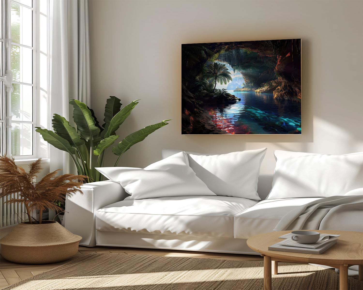 Bioluminescent Oasis Cave Art, Glowing Tropical Fantasy Print, Digital ...