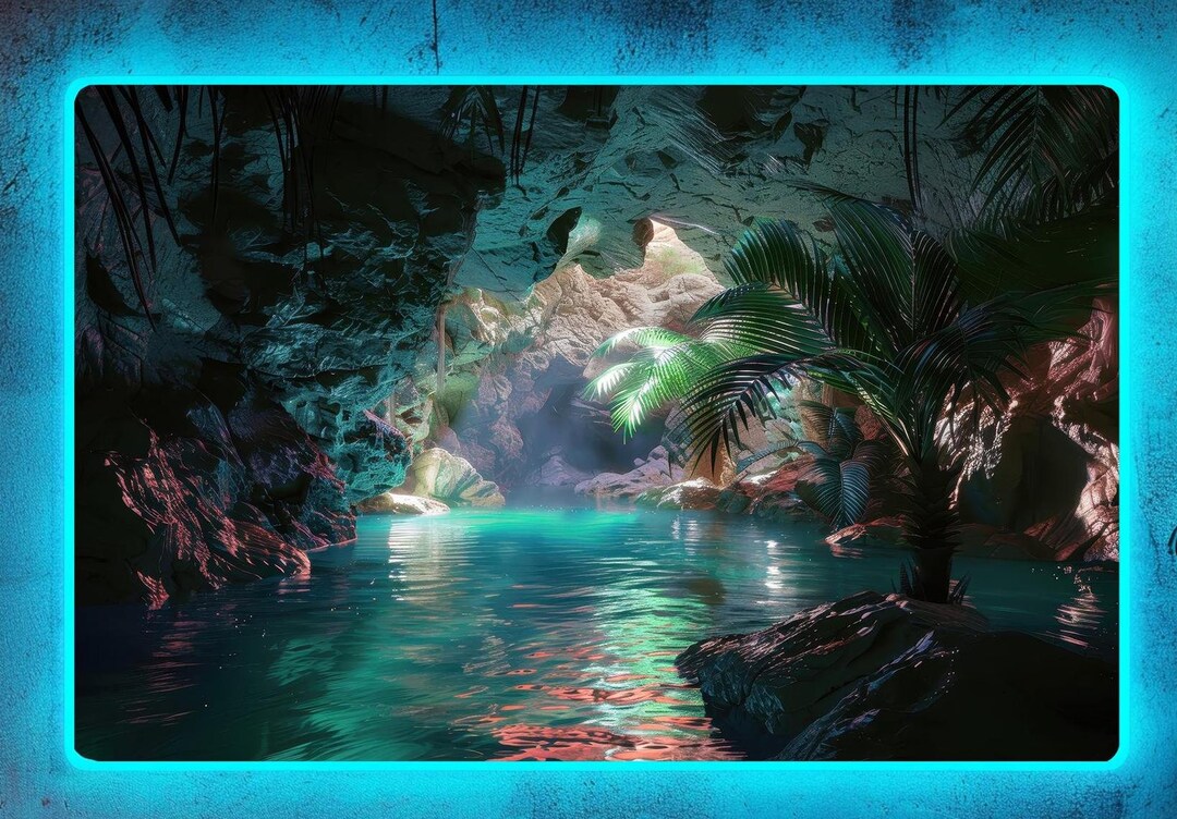 Tranquil Oasis Inside a Cave Print, Glowing Bioluminescent Art ...