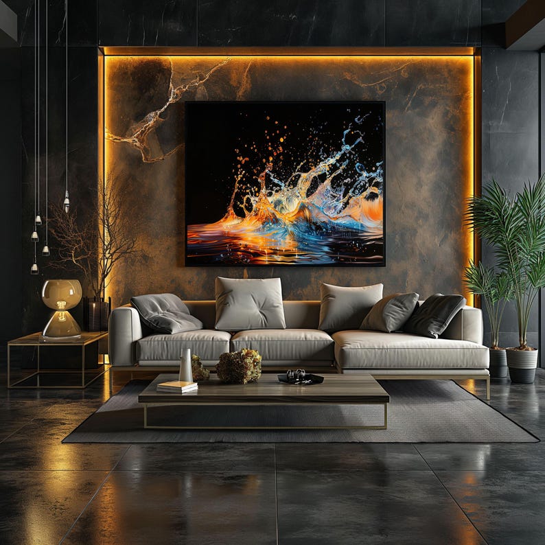Orange and Blue Splash Art Print, Modern Abstract Canvas, Energetic ...