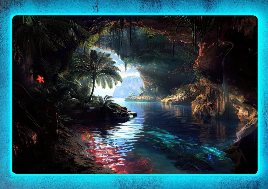 Bioluminescent Oasis Cave Art, Glowing Tropical Fantasy Print, Digital ...