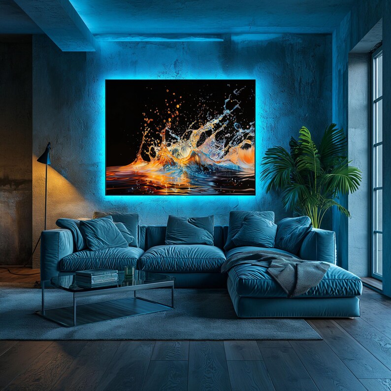 Orange and Blue Splash Art Print, Modern Abstract Canvas, Energetic ...