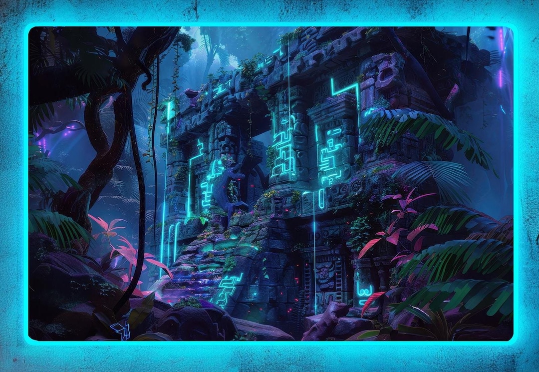 Neon Temple Digital Wall Art | Glowing Jungle Ruins Print | Surreal Sci ...