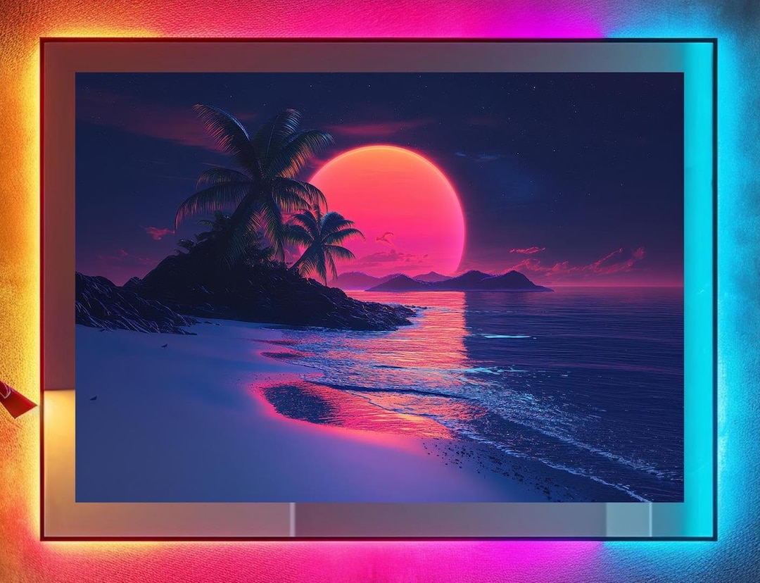 Neon Sunset Tropical Beach Digital Wall Art – Glowing Pink Sun ...